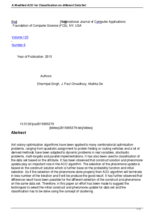 Pdf A Modified Aco For Classification On Different Data Set J Paul Choudhury Paul Choudhury