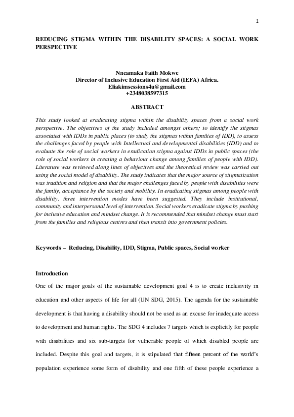 (PDF) REDUCING STIGMA WITHIN THE DISABILITY SPACES: A SOCIAL WORK ...