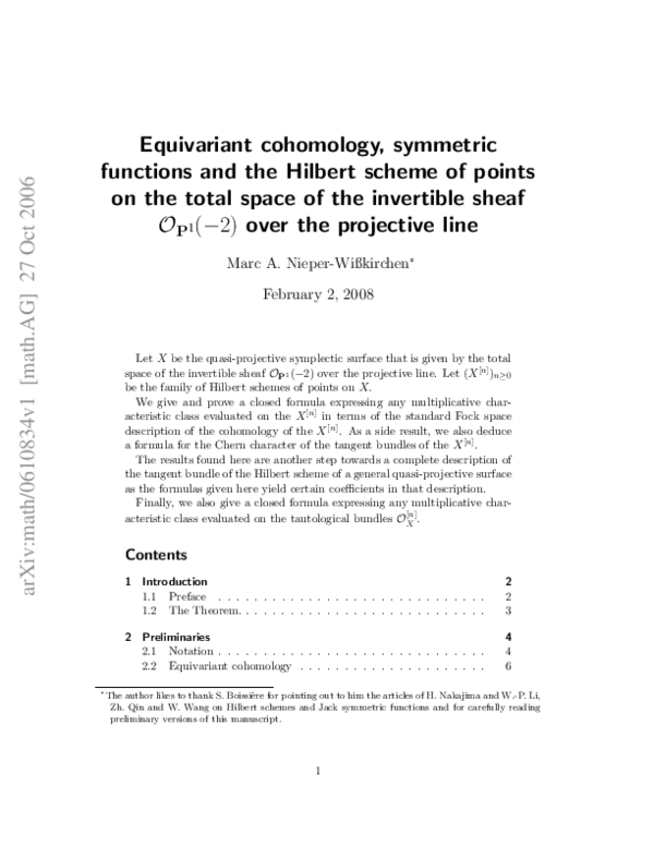 (PDF) Equivariant cohomology, symmetric functions and the Hilbert schemes of points on the total ...