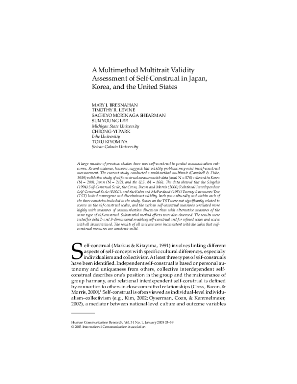 (PDF) A Multimethod Multitrait Validity Assessment of Self-Construal in Japan, Korea, and the ...