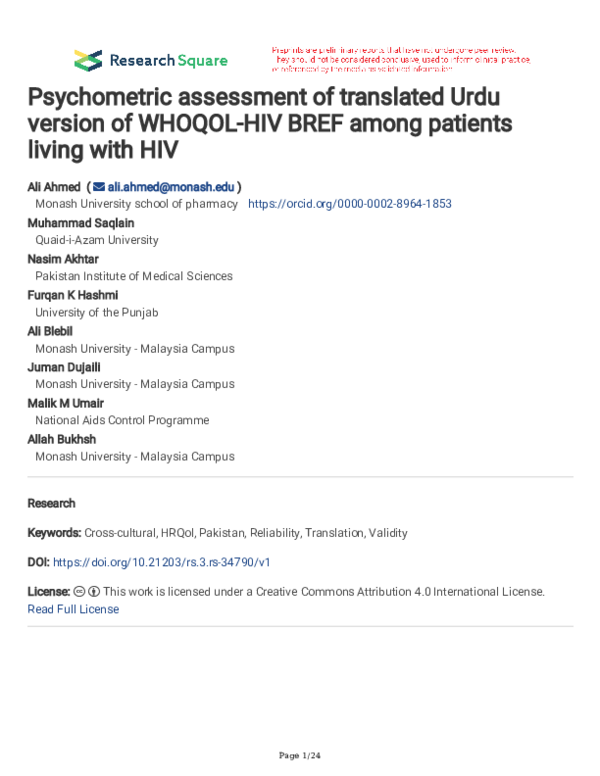 (PDF) Psychometric assessment of translated Urdu version of WHOQOL-HIV BREF among patients ...