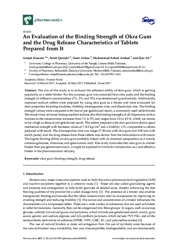 (PDF) An Evaluation of the Binding Strength of Okra Gum and the Drug ...