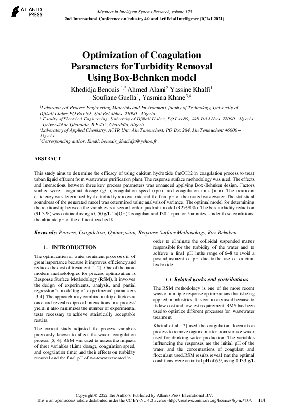 (PDF) Optimization of Coagulation Parameters for Turbidity Removal Using Box-Behnken model