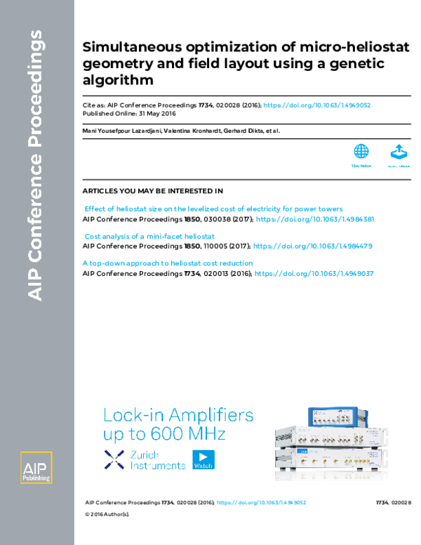 Pdf Simultaneous Optimization Of Micro Heliostat Geometry And Field Layout Using A Genetic