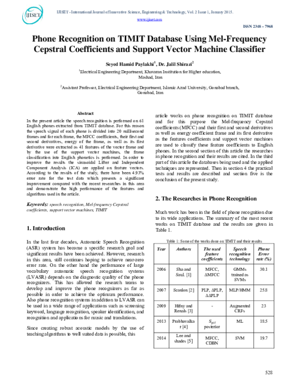 Pdf Phone Recognition On Timit Database Using Mel Frequency Cepstral Coefficients And Support