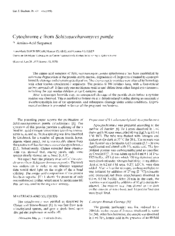 (PDF) Cytochrome c from Schizosaccharomyces pombe. 2. Amino-Acid Sequence