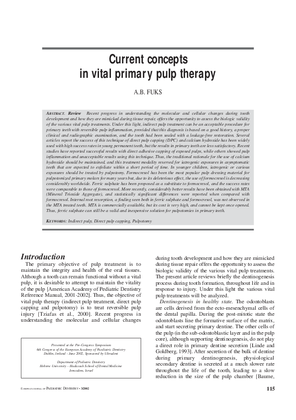 (PDF) Current concepts in vital primary pulp therapy