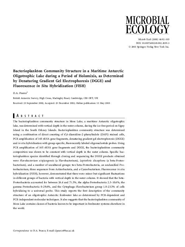 (PDF) Bacterioplankton Community Structure in a Maritime Antarctic Oligotrophic Lake during a ...
