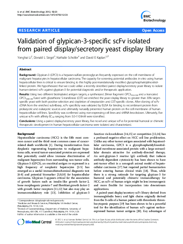 (PDF) Validation of glypican-3-specific scFv isolated from paired display/secretory yeast ...