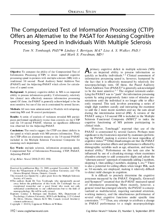 (PDF) The Computerized Test of Information Processing (CTIP) by Tom ...