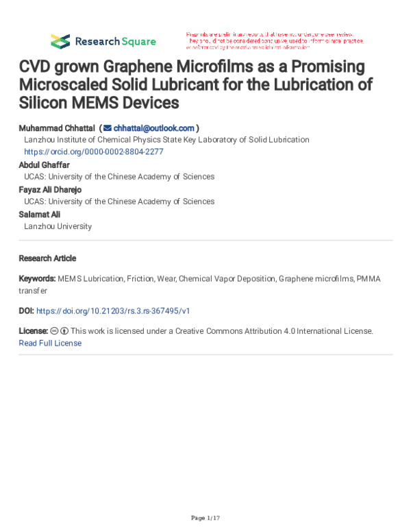 (PDF) CVD grown Graphene Microfilms as a Promising Microscaled Solid Lubricant for the ...