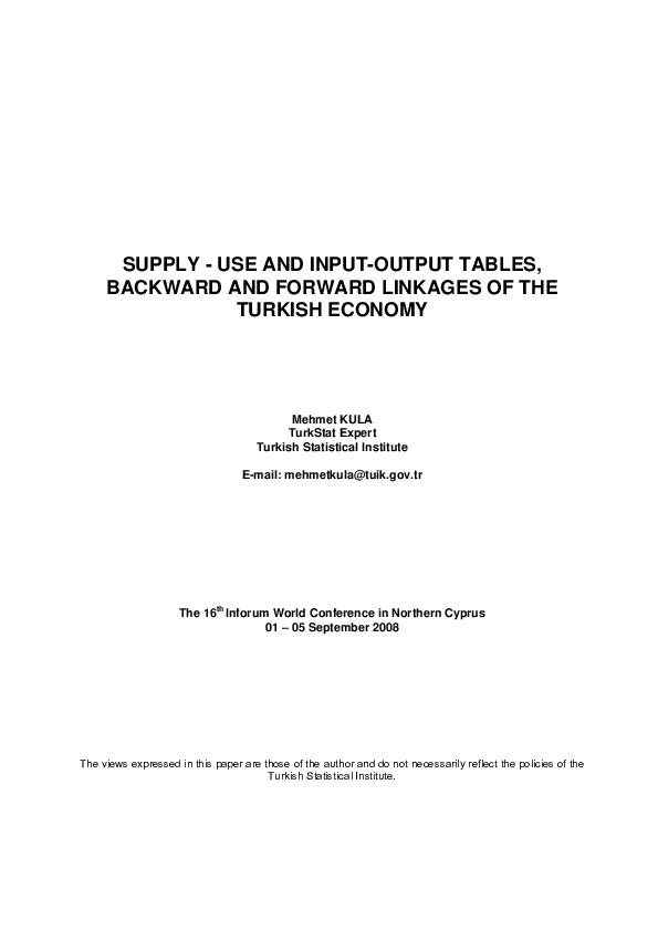 (PDF) Supply-USE and input-output tables, backward and forward linkages of the Turkish economy