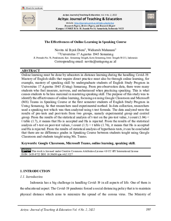 (PDF) The Effectiveness of Online Learning in Speaking Course