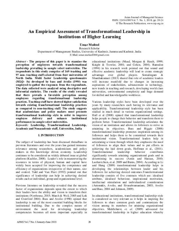 (PDF) An Empirical Assessment of Transformational Leadership in Institutions of Higher Learning