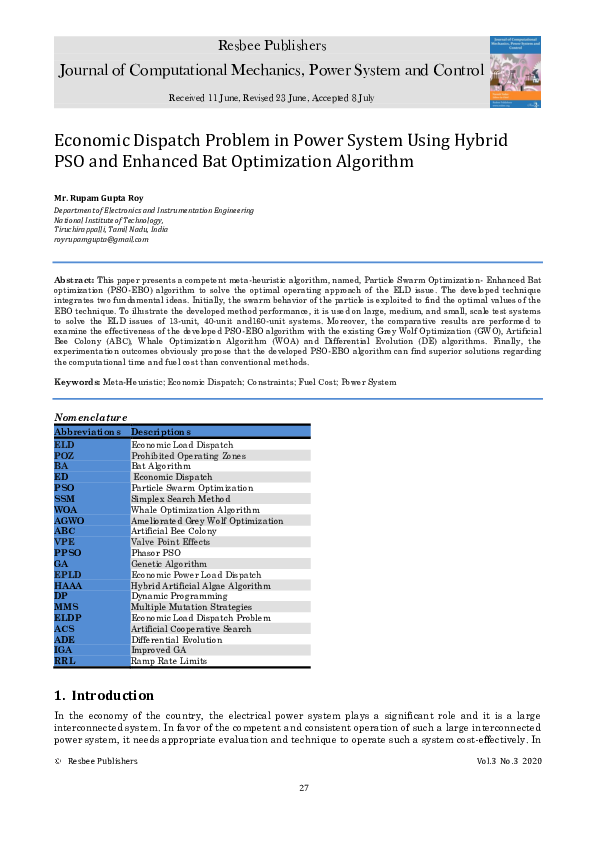 (PDF) Economic Dispatch Problem in Power System Using Hybrid PSO and Enhanced Bat Optimization ...