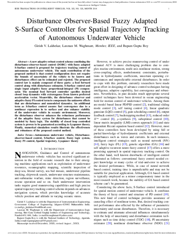 Pdf Disturbance Observer Based Fuzzy Adapted S Surface Controller For Spatial Trajectory