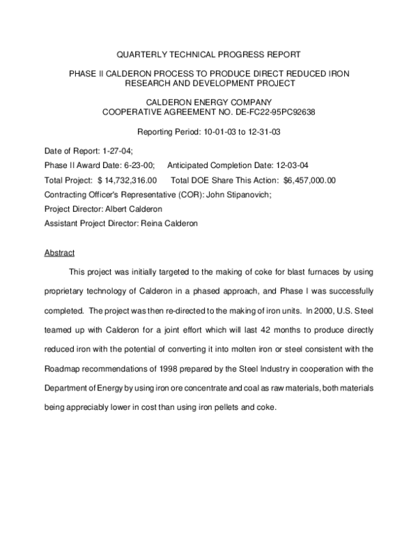 (PDF) Phase II Calderon Process to Produce Direct Reduced Iron Research ...