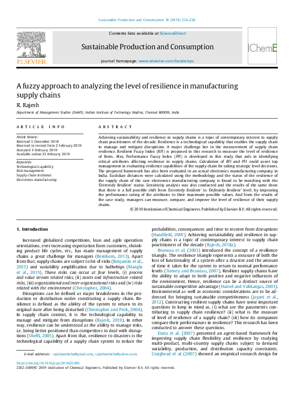 (PDF) A fuzzy approach to analyzing the level of resilience in manufacturing supply chains