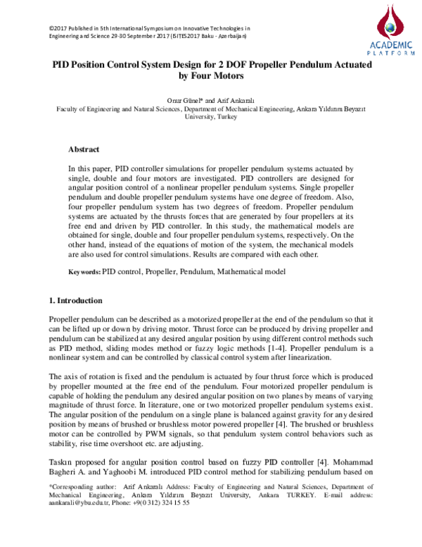 (PDF) PID Position Control System Design for 2 DOF Propeller Pendulum Actuated by Four Motors