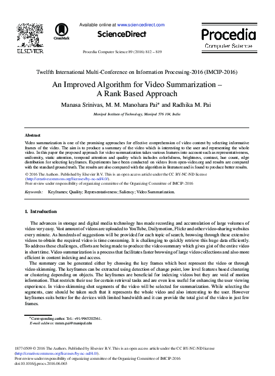 (PDF) An Improved Algorithm for Video Summarization – A Rank Based Approach