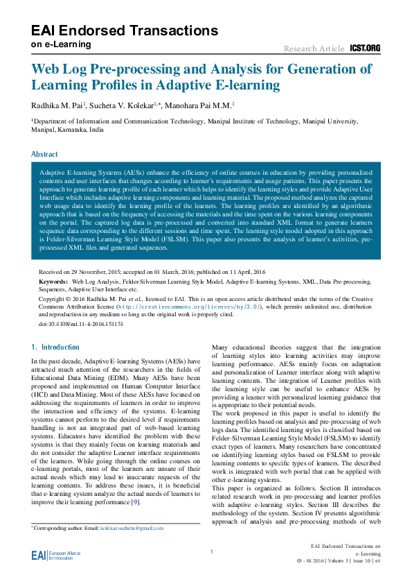 (PDF) Web Log Pre-processing and Analysis for Generation of Learning Profiles in Adaptive E-learning