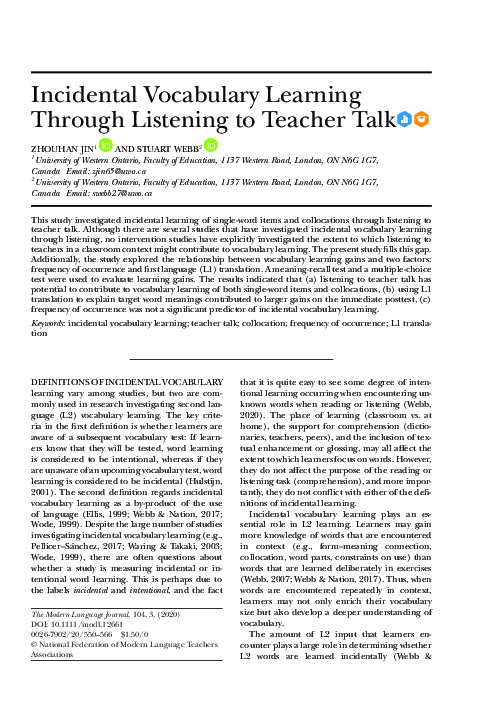 (PDF) Incidental Vocabulary Learning Through Listening to Teacher Talk
