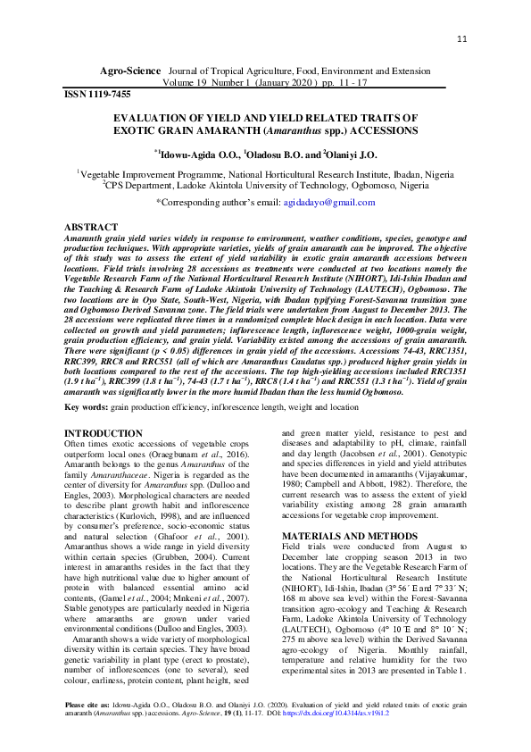 (PDF) Evaluation of yield and yield related traits of exotic grain amaranth (Amaranthus spp ...