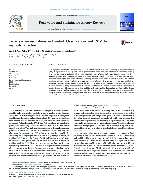 (PDF) Power system oscillations and control: Classifications and PSSs’ design methods: A review
