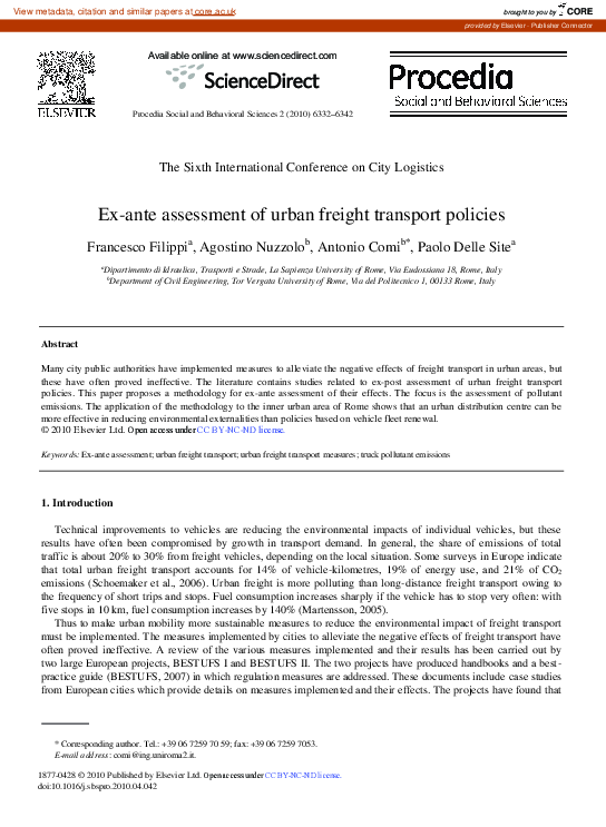 (PDF) Ex-ante assessment of urban freight transport policies