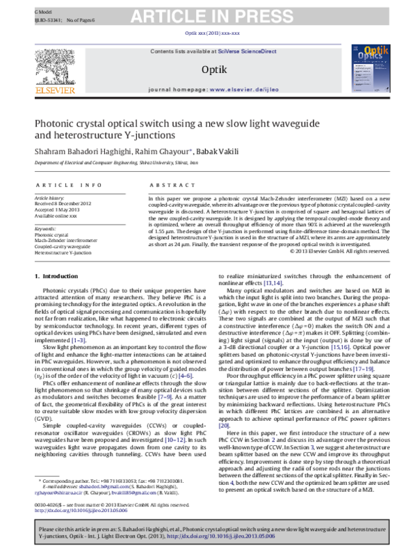 (PDF) Photonic crystal optical switch using a new slow light waveguide and heterostructure Y ...