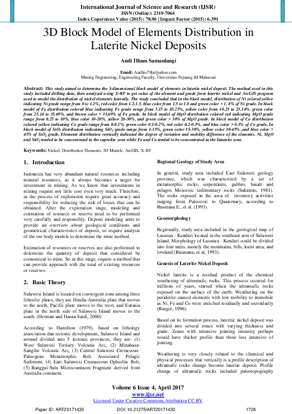 (PDF) 3D Block Model of Elements Distribution in Laterite Nickel Deposits