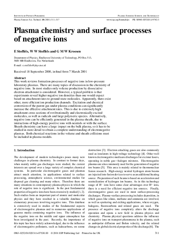 (PDF) Plasma chemistry and surface processes of negative ions