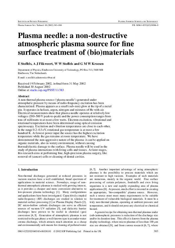 (PDF) Plasma needle: a non-destructive atmospheric plasma source for ...