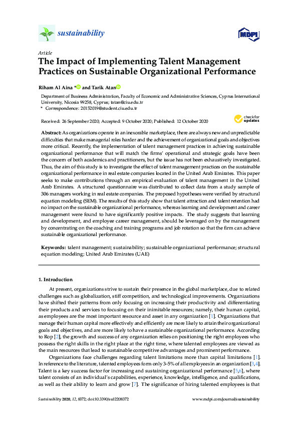 (PDF) The Impact of Implementing Talent Management Practices on Sustainable Organizational ...