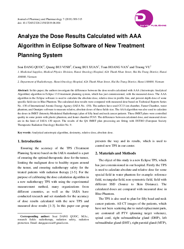 (PDF) Analyze the Dose Results Calculated with AAA Algorithm in Eclipse Software of New ...