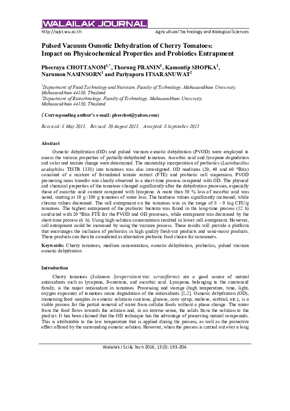 (PDF) Pulsed Vacuum Osmotic Dehydration of Cherry Tomatoes: Impact on Physicochemical Properties ...