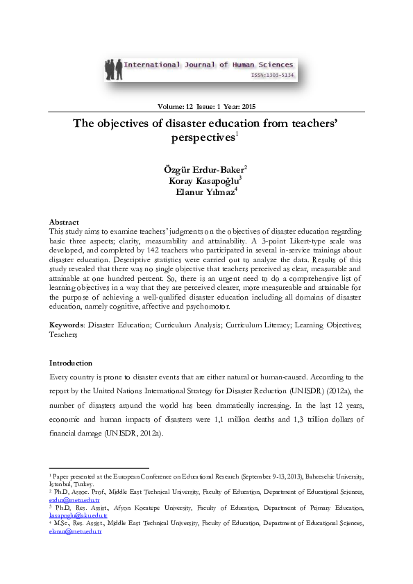 (PDF) The objectives of disaster education from teachers’ perspectives