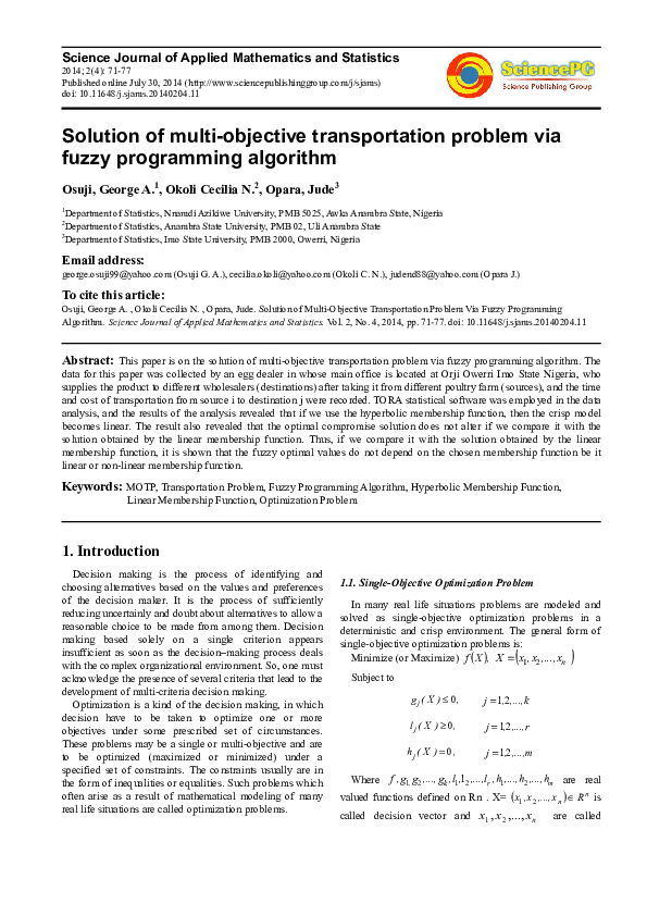 (PDF) Solution of Multi-Objective Transportation Problem Via Fuzzy Programming Algorithm
