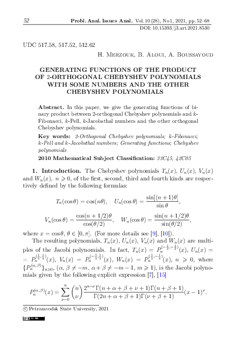 (PDF) Generating functions of the product of 2-orthogonal Chebyshev polynomials with some ...