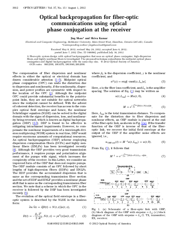 (PDF) Optical backpropagation for fiber-optic communications using optical phase conjugation at ...