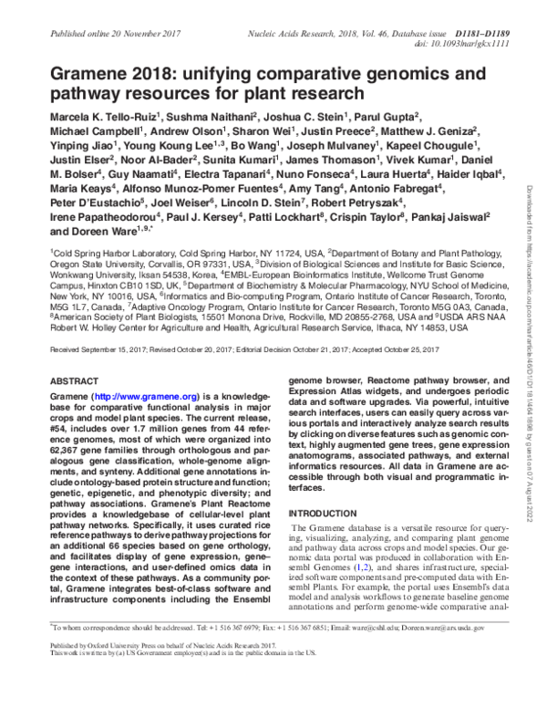 (PDF) Gramene 2018: unifying comparative genomics and pathway resources for plant research