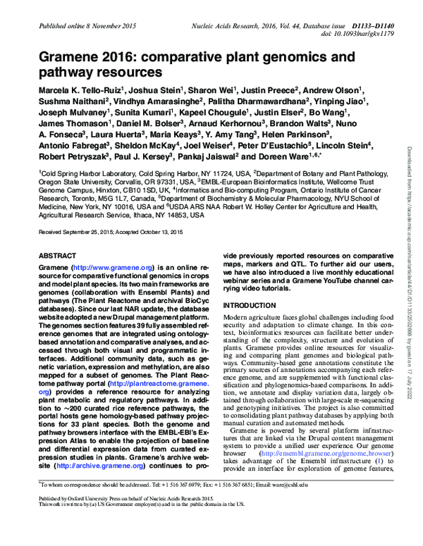 (PDF) Gramene 2016: comparative plant genomics and pathway resources