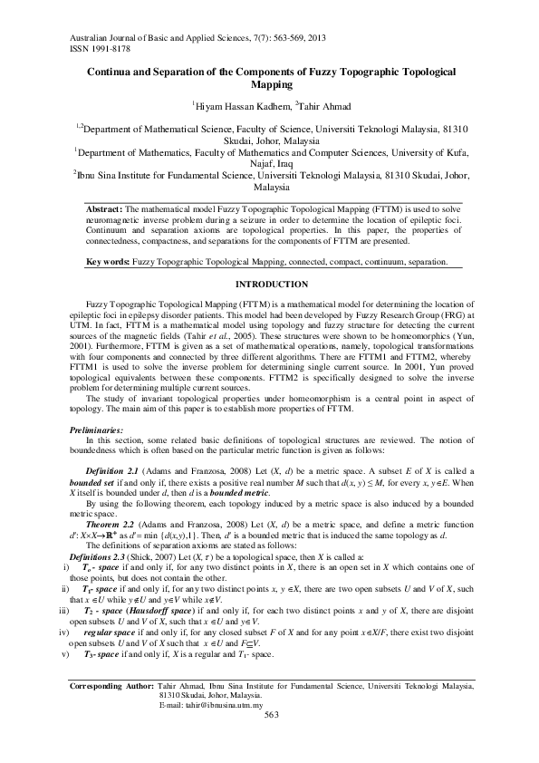 (PDF) Continua and separation of the components of fuzzy topographic topological mapping