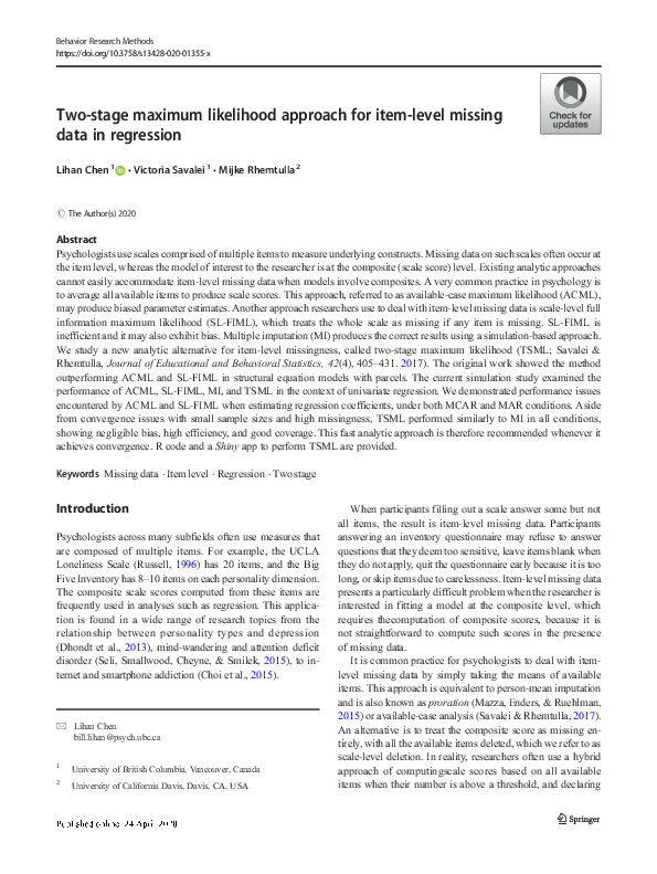 Pdf Two Stage Maximum Likelihood Approach For Item Level Missing Data In Regression