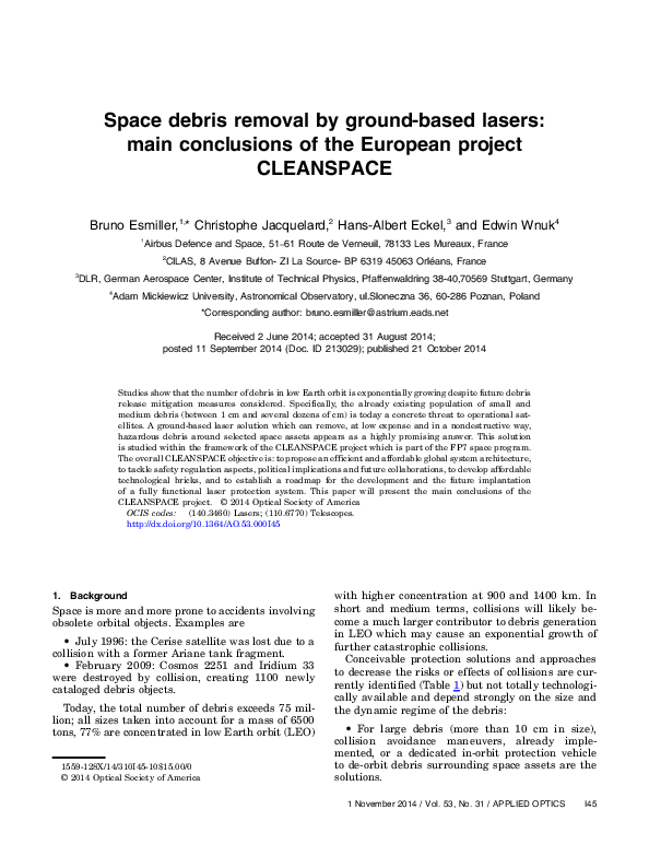 (PDF) Space debris removal by ground-based lasers: main conclusions of ...