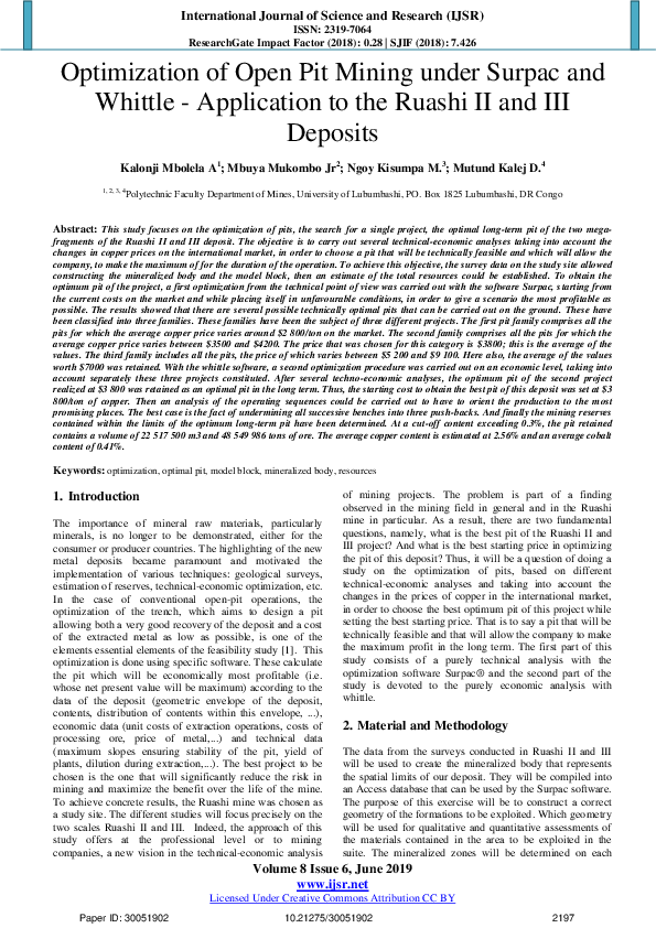 (PDF) Optimization of Open Pit Mining under Surpac and Whittle-Application to the Ruashi II and ...