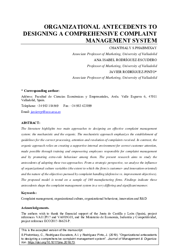 (PDF) Organizational antecedents to designing a comprehensive complaint ...