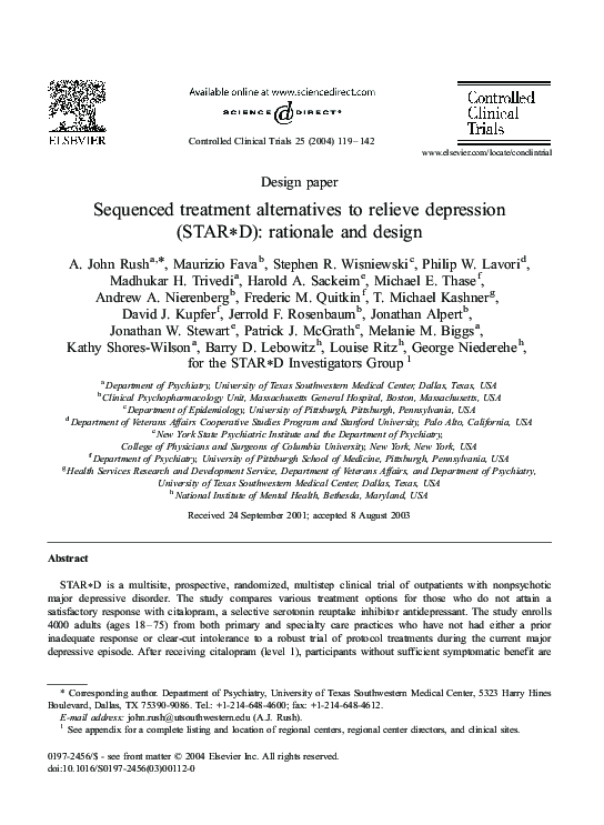 (PDF) Sequenced treatment alternatives to relieve depression (STAR*D ...
