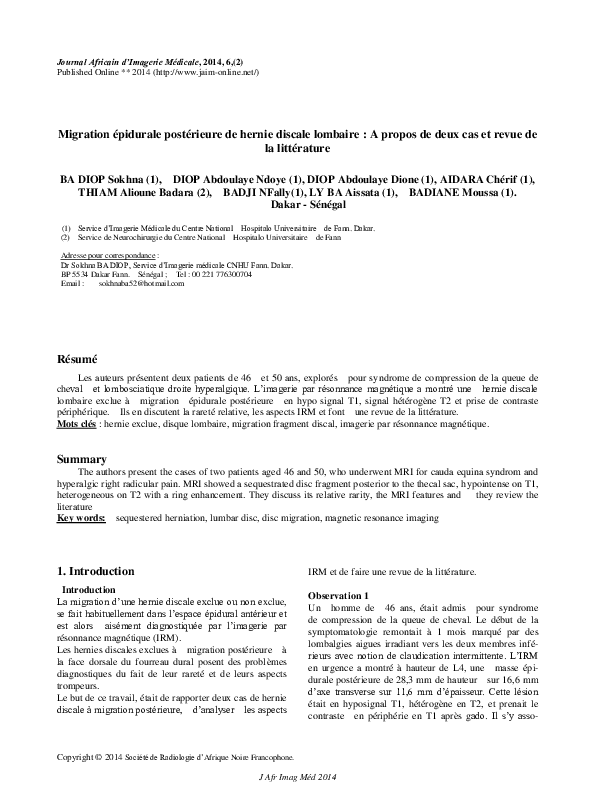(PDF) Migration épidurale postérieure de hernie discale lombaire ...