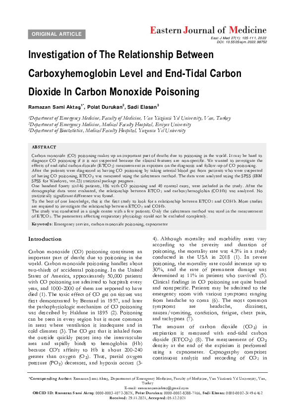 (PDF) Investigation of the Relationship between Carboxyhemoglobin Level and End-Tidal ...